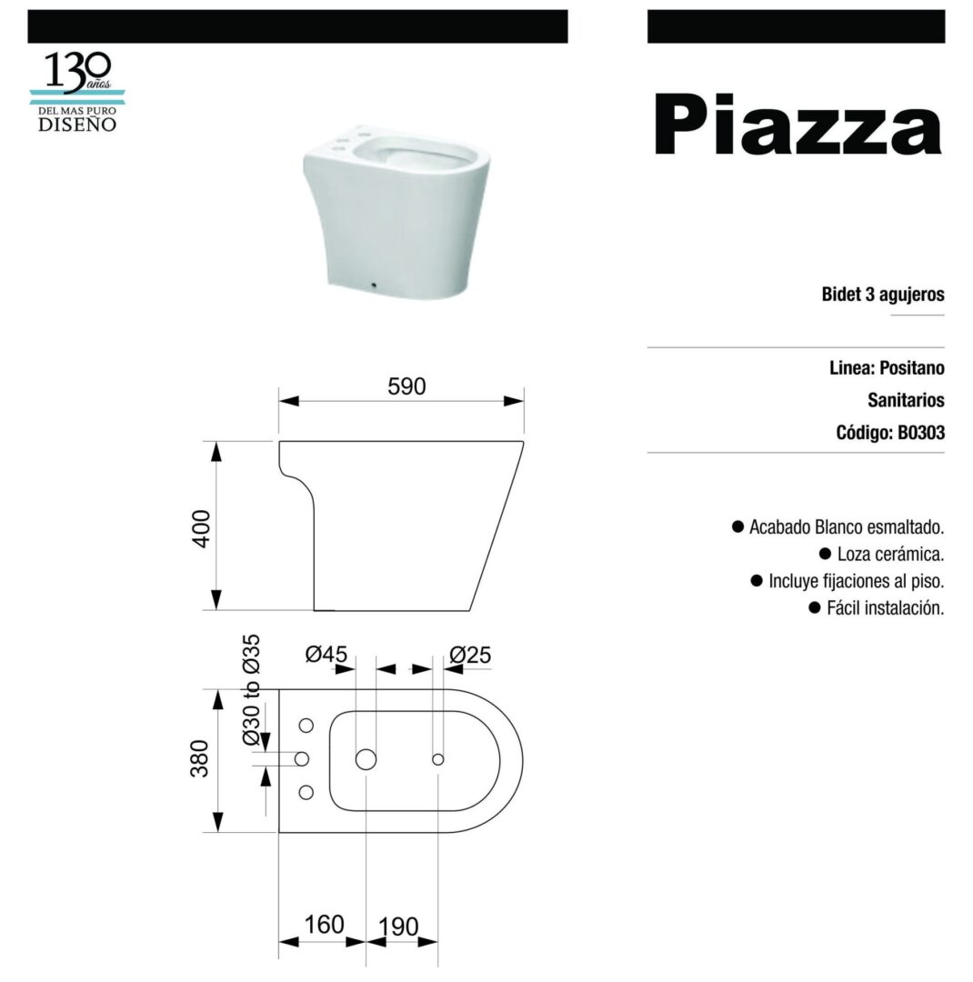 PIAZZA - POSITANO - BIDET 3 AGUJEROS - Rutenia | Materiales para la ...